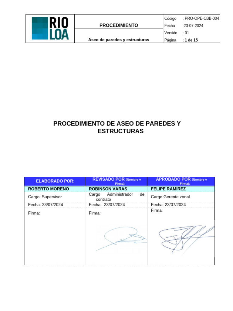 PRO-OPE-CBB-004 Aseo de Paredes y Estructuras | PDF | Camión | Vacío