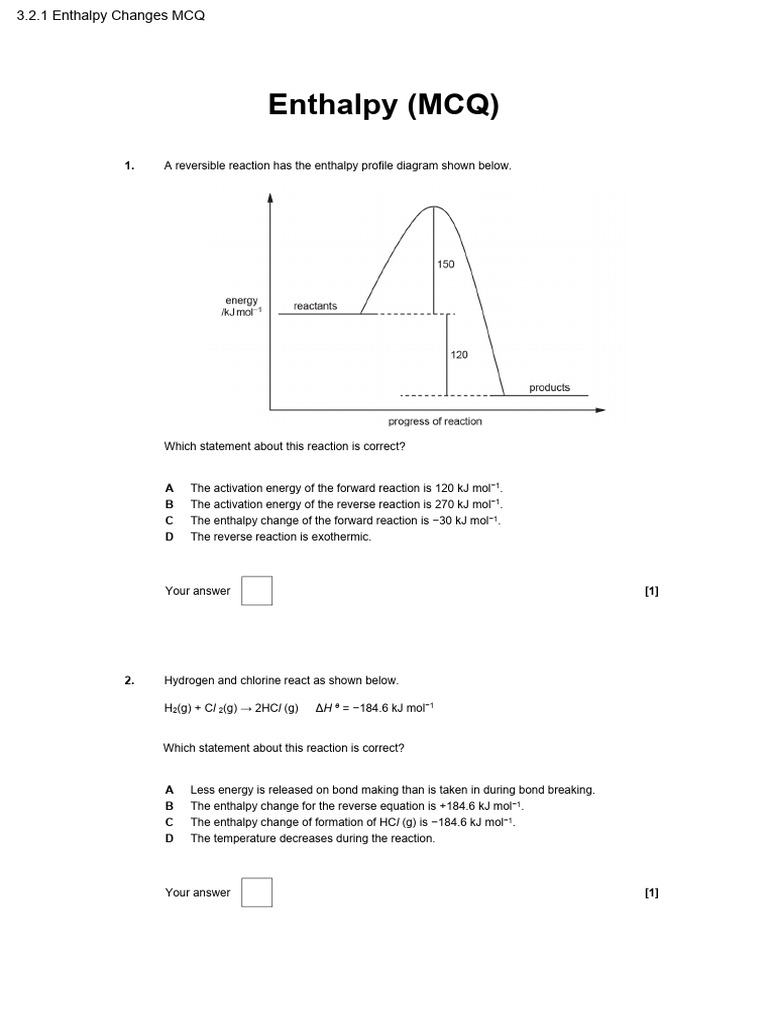 Chemistry Enthalpy MCQs | PDF | Chemical Reactions | Multiple Choice