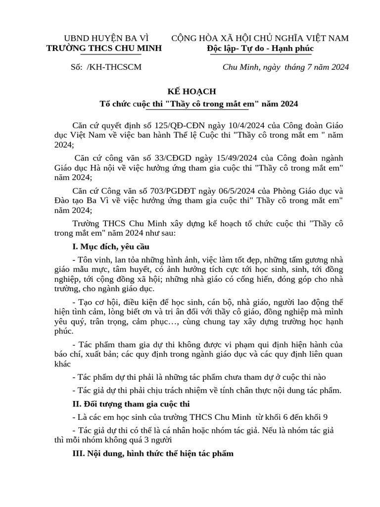 Ke Hoach Cuoc Thi Thay Co Trong Mat e 2024 A8eb4 | PDF
