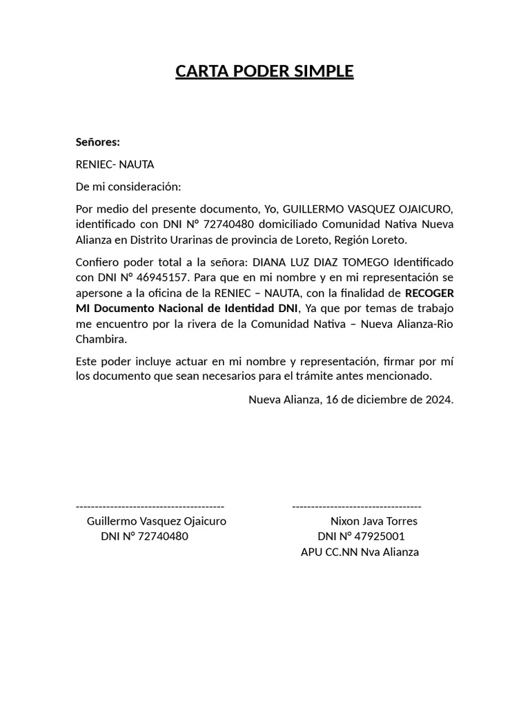 Carta Poder Simple para RENIEC | PDF