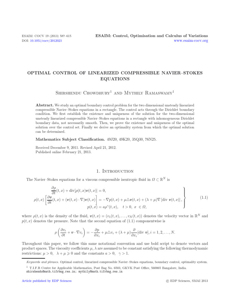 OPTIMAL CONTROL OF LINEARIZED COMPRESSIBLE NAVIER–STOKES EQUATIONS | PDF | Differential Calculus ...