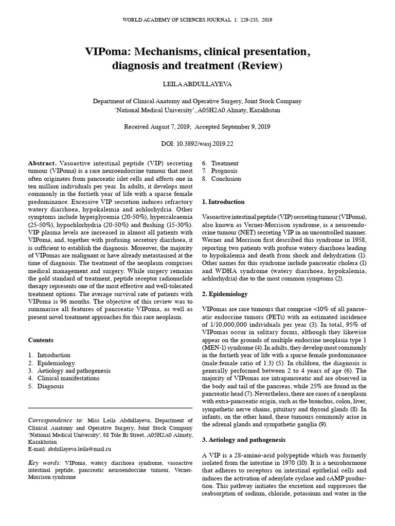 VIPoma - Mechanisms, Clinical Presentation, Diagnosis and Treatment ...