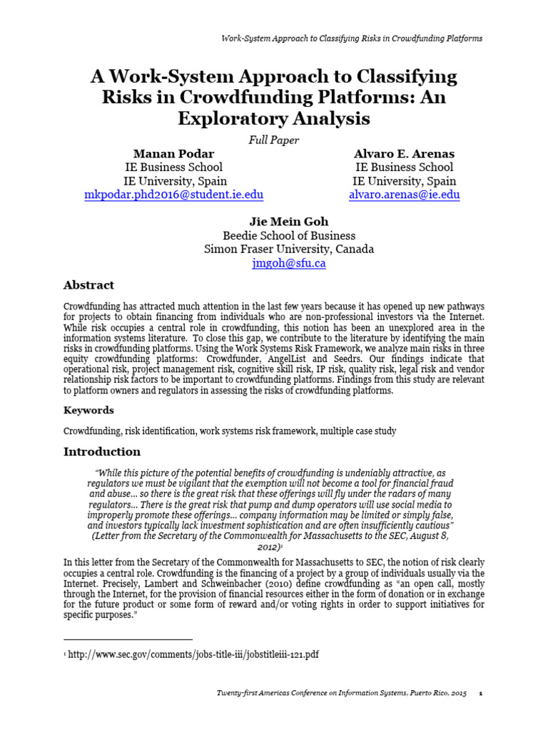 A Work-Systems Approach To Classifying Risks in Crowdfunding Platforms ...