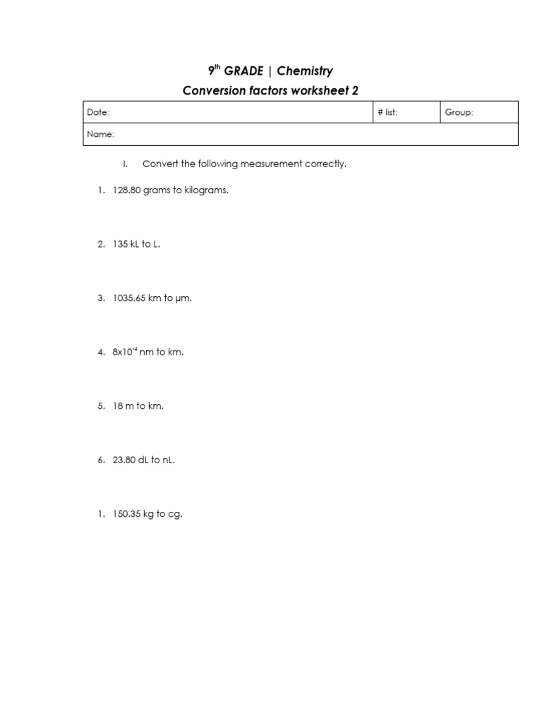 9th Grade Chemistry Conversion Factors Worksheet | PDF