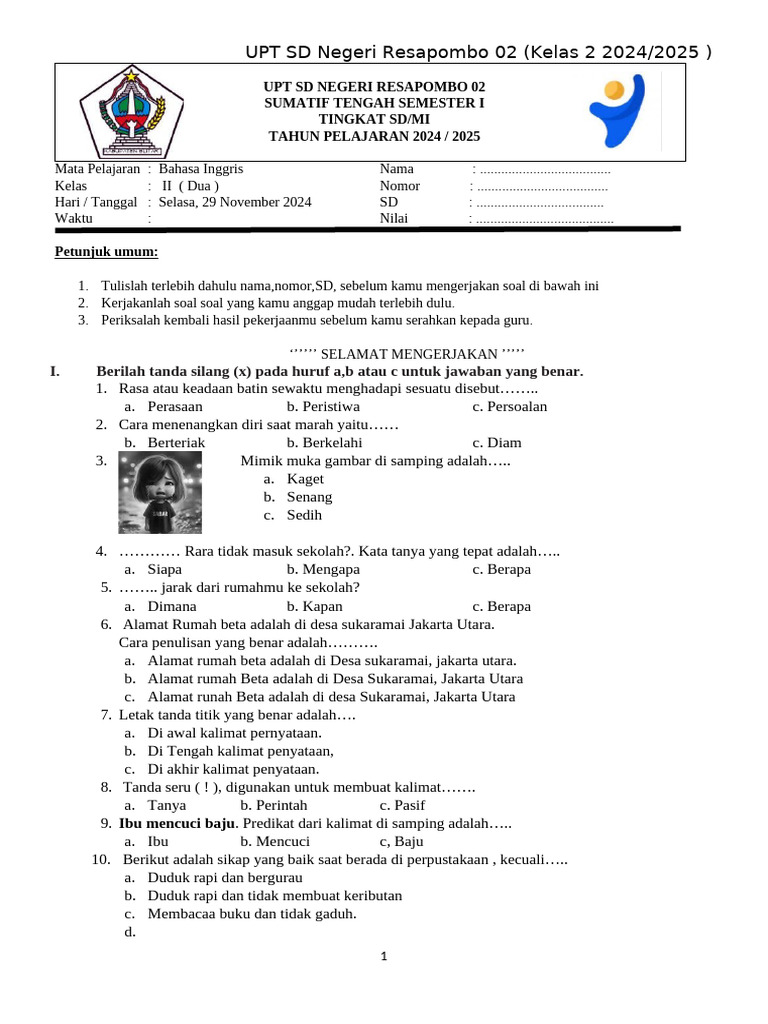 PTS KELAS 2 2024 BINDO | PDF