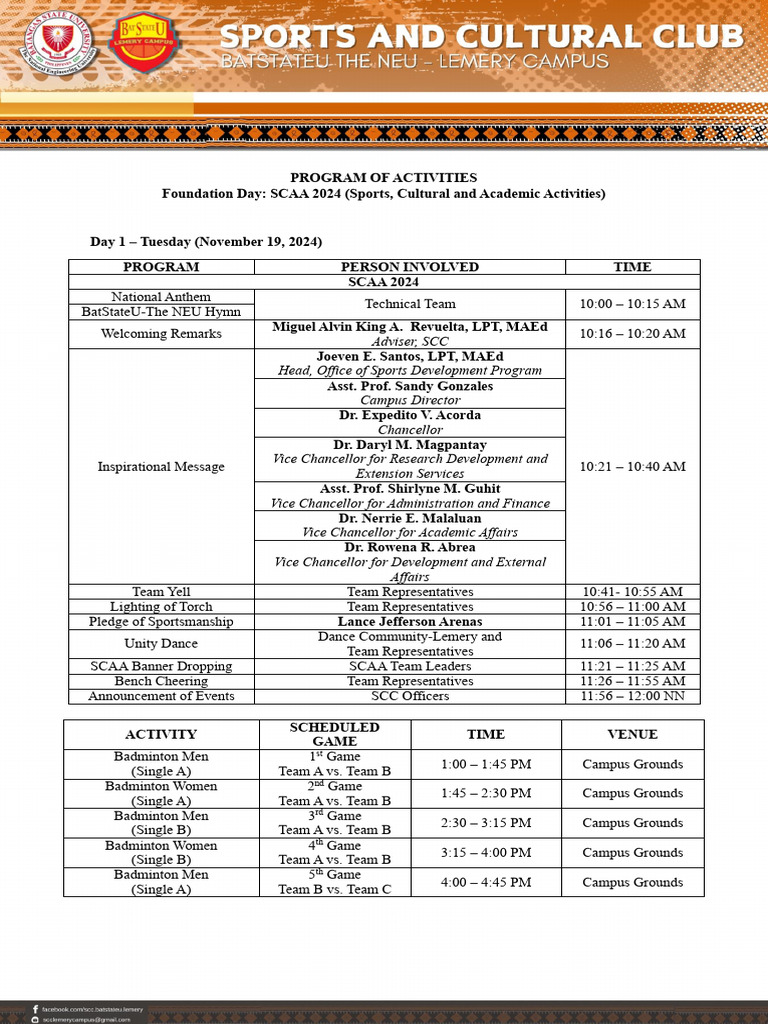 SCAA 2024 - Schedule of Activities | PDF | Games Of Physical Skill | Sports