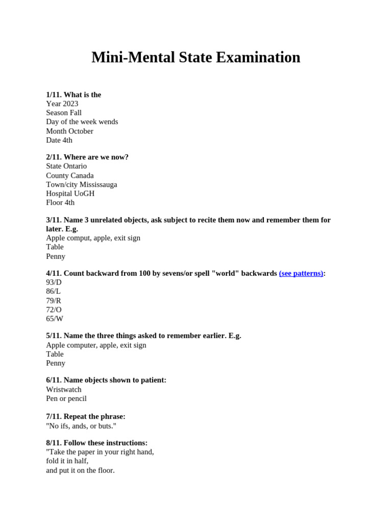 Mini-mental status exam | PDF