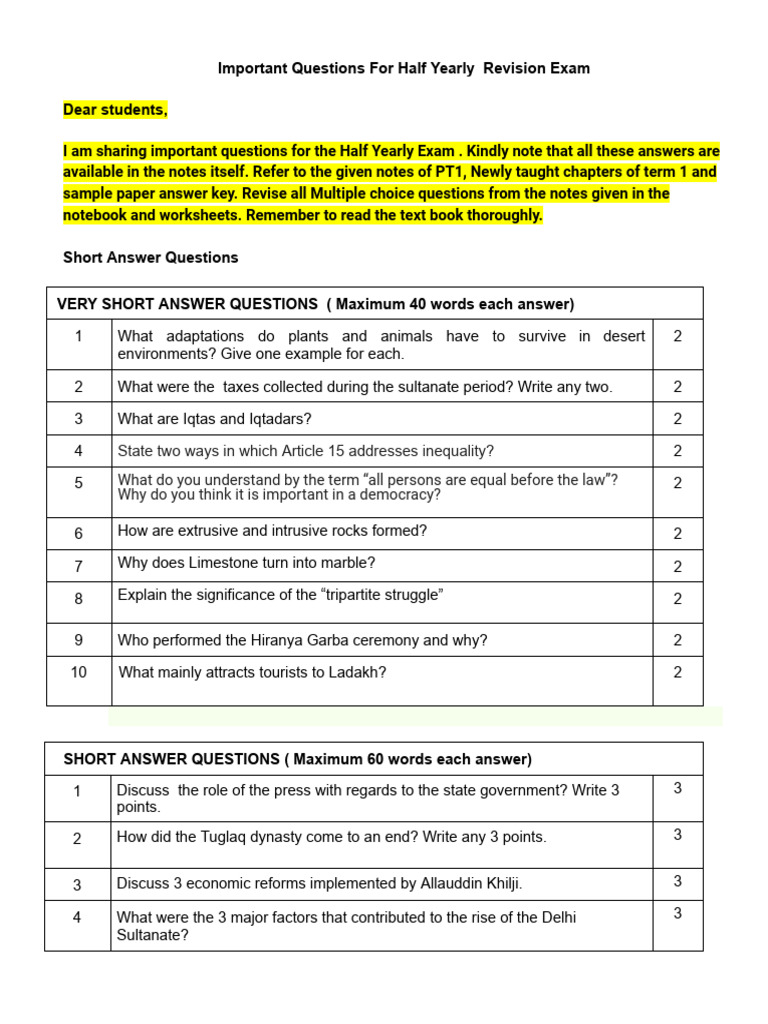 Half Yearly Exam - Important Short and Long Answer Questions | PDF