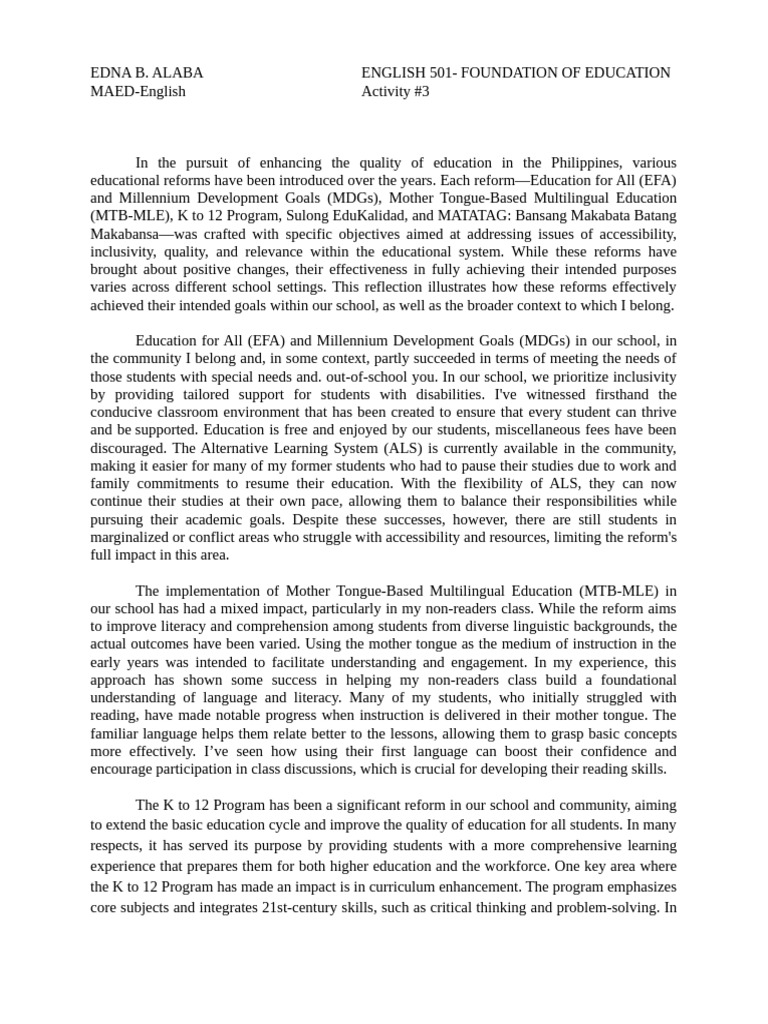 ALABA, EDNA B. - ACTIVITY 3 | PDF | Curriculum | Literacy