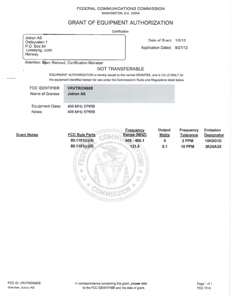 Certificate FCC Tron 60S | PDF