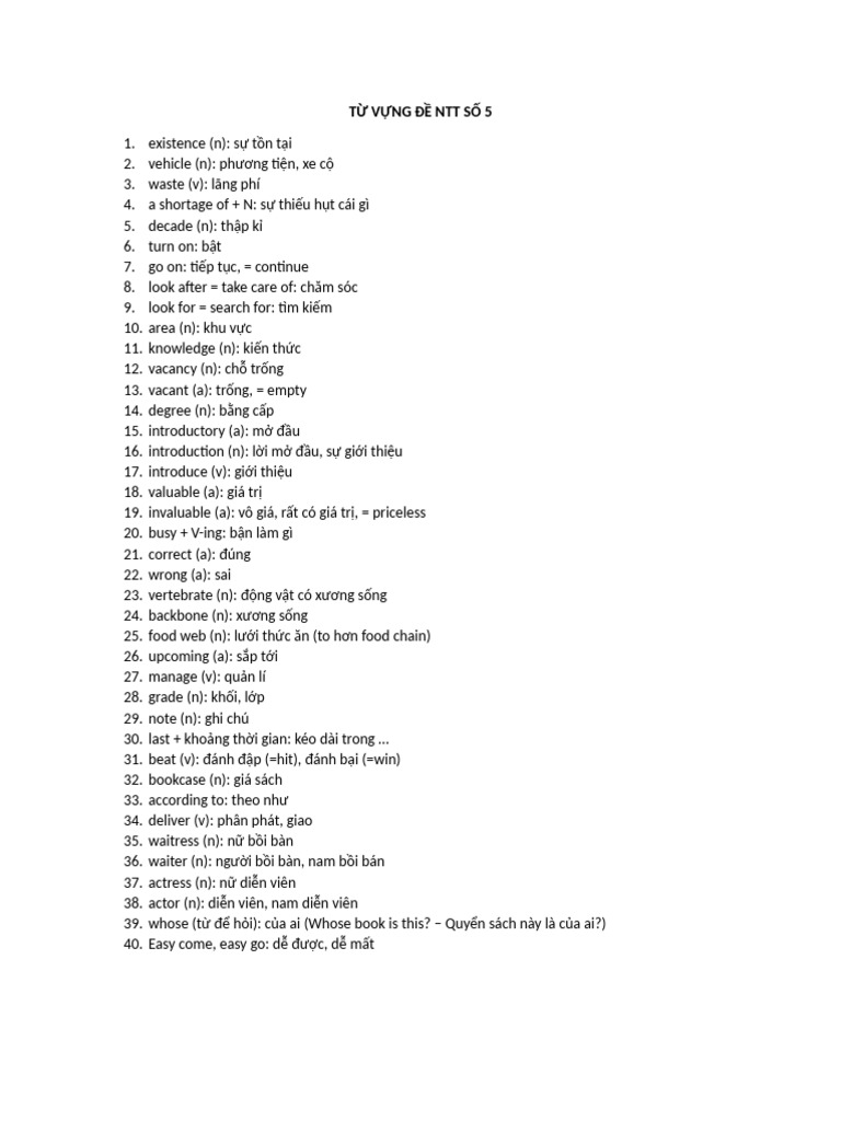 TỪ VỰNG ĐỀ NTT 5 | PDF