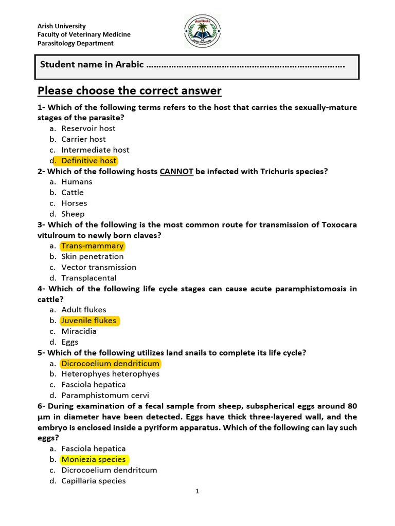 solved sheet-1 (2) | PDF | Parasitism | Parasitology solved sheet-1 (2) | PDF | Parasitism | Parasitology