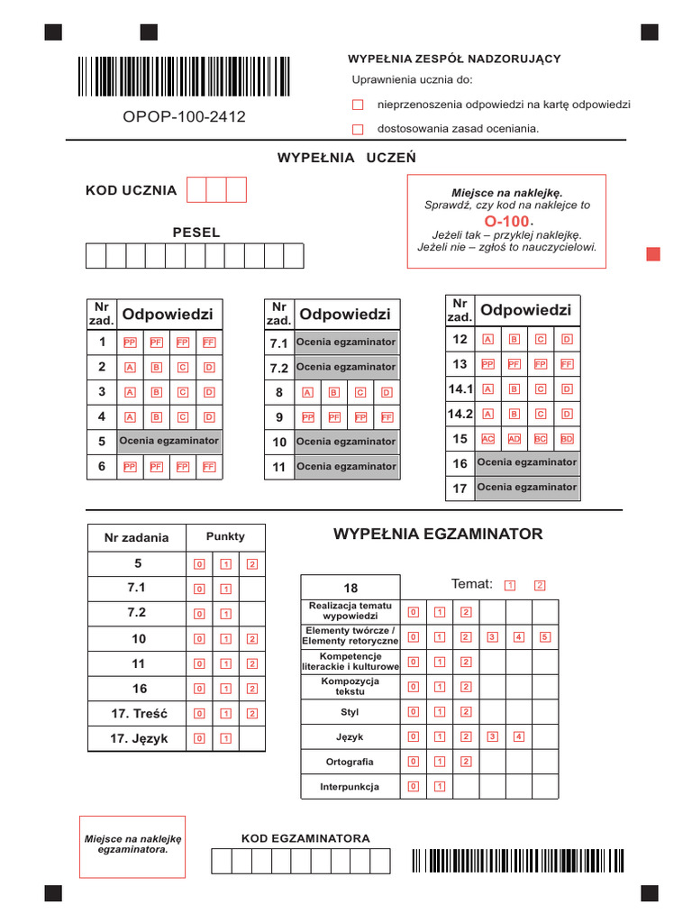 OPOP 100 X 2412 Karta Odpowiedzi | PDF