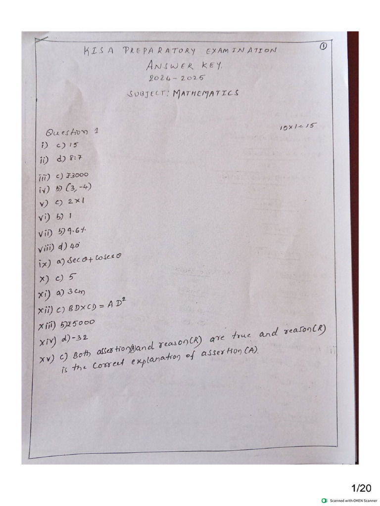 KISA Mathematics 2025 Preparatory Exam Class 10 Answer Key | PDF