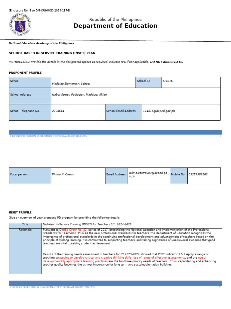 MADALAG_INSET-PLAN_For-correction | PDF | Educational Assessment | Curriculum