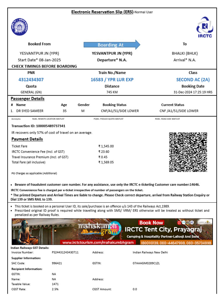 Ypr To Bhalki-8th Jan 2025 | PDF | Identity Document | Payments