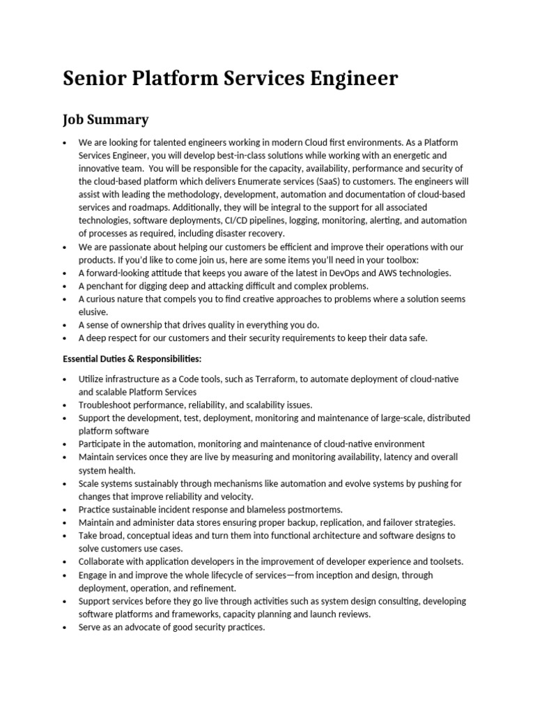 Example job description Platform Services Engineer | PDF | Cloud ...