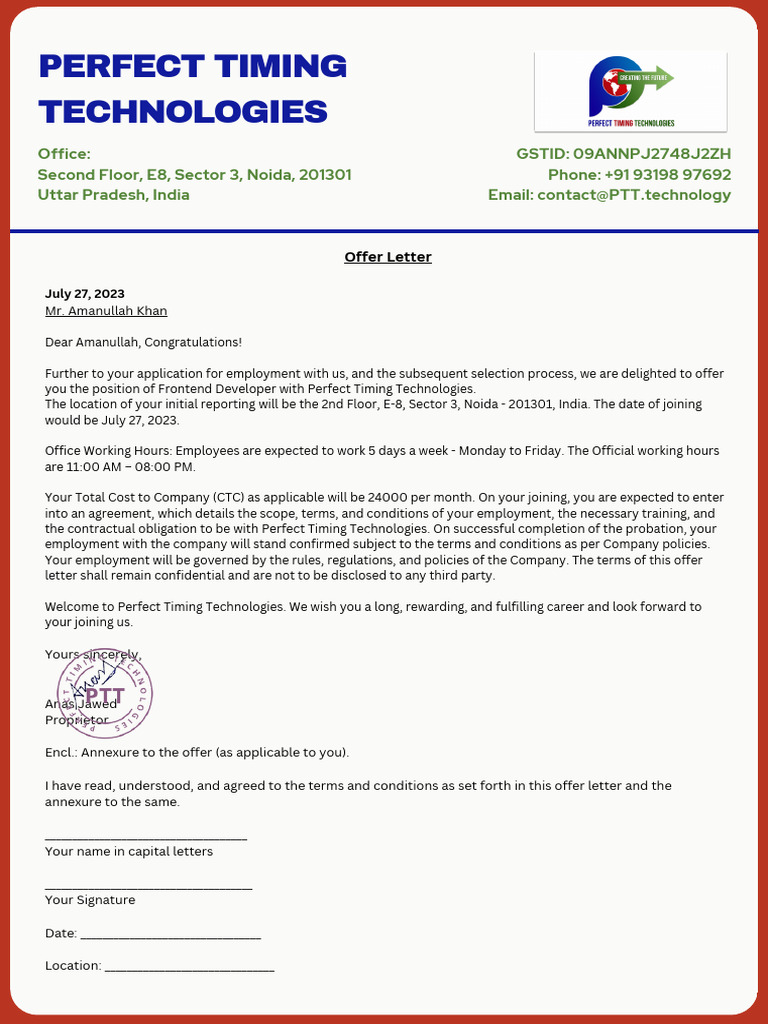 Perfect Timing Technologies - Offer Letter - Amanullah Khan 27-07-2023 ...