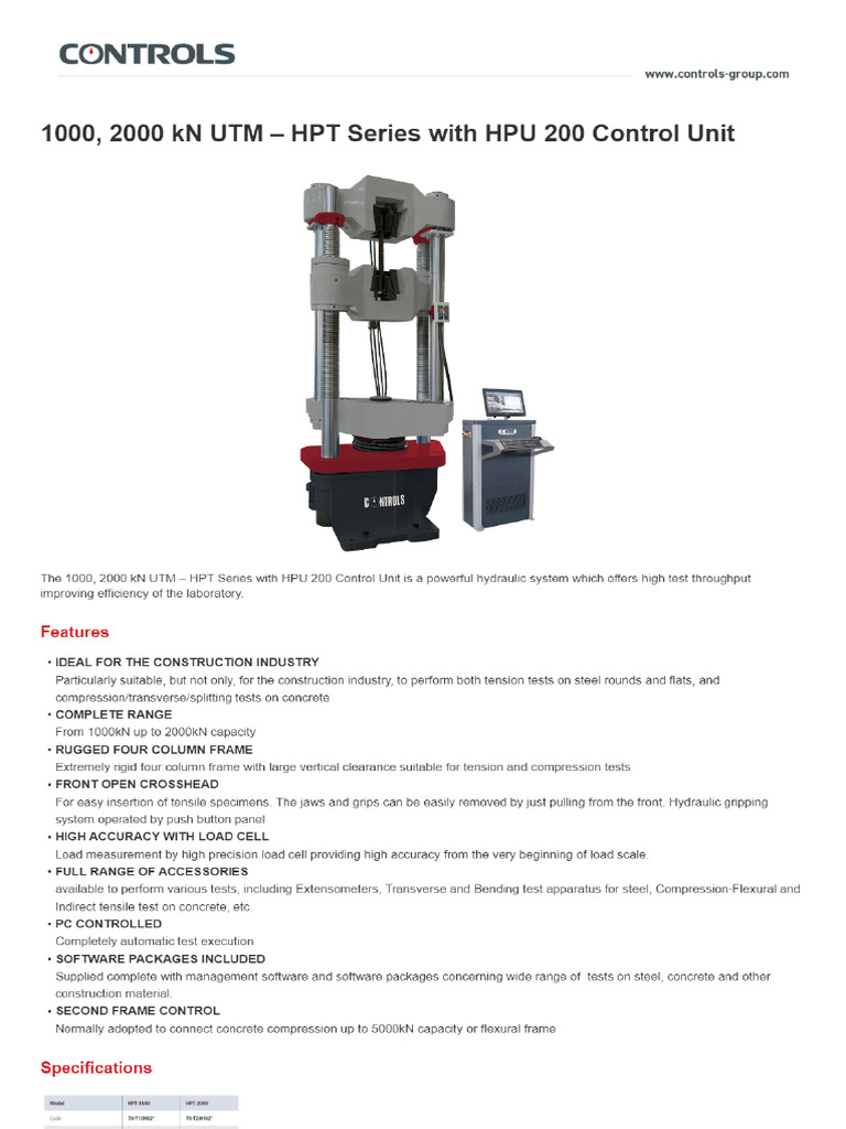 1000 2000 KN Utm HPT Series With Hpu 200 Control Unit Controls | PDF