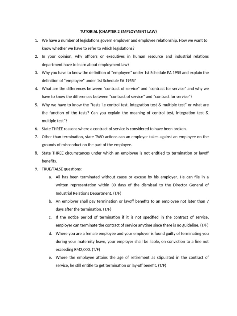 TUTORIAL QUESTIONS - Employment Laws | PDF | Employment | Layoff