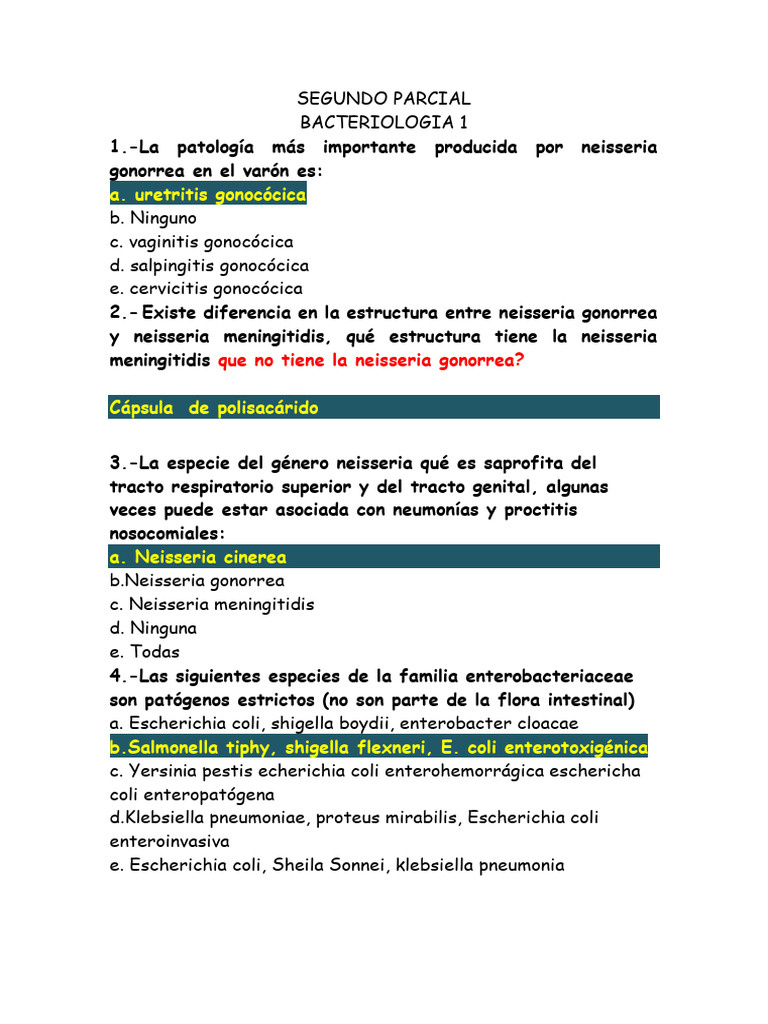 SEGUNDO PARCIAL MODELO DE EXAMEN Bacterio | PDF | Escherichia coli | Pseudomonas