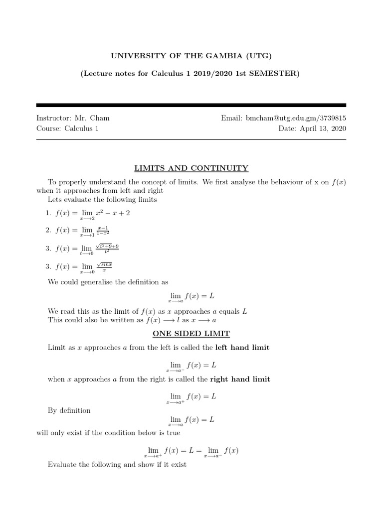 Calculus 1: Limits and Continuity Notes | PDF | Mathematics ...