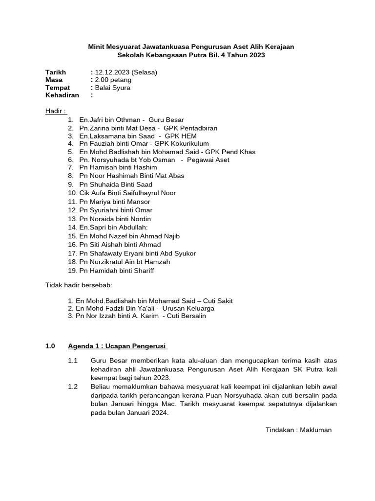 Minit Mesyuarat JKPAK Kali Ke-4 2023 | PDF