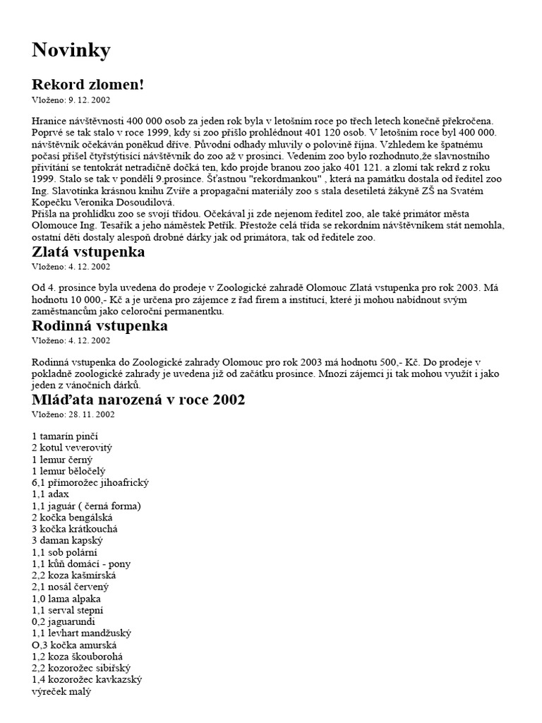 Zoologicka Zahrada Olomouc - Svaty Kopecek 2002 | PDF