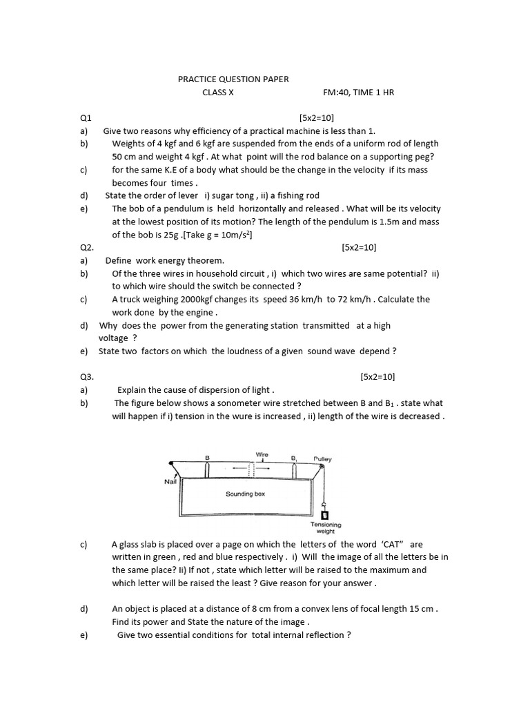 Practice Question Paper Class X | PDF | Pendulum | Physics