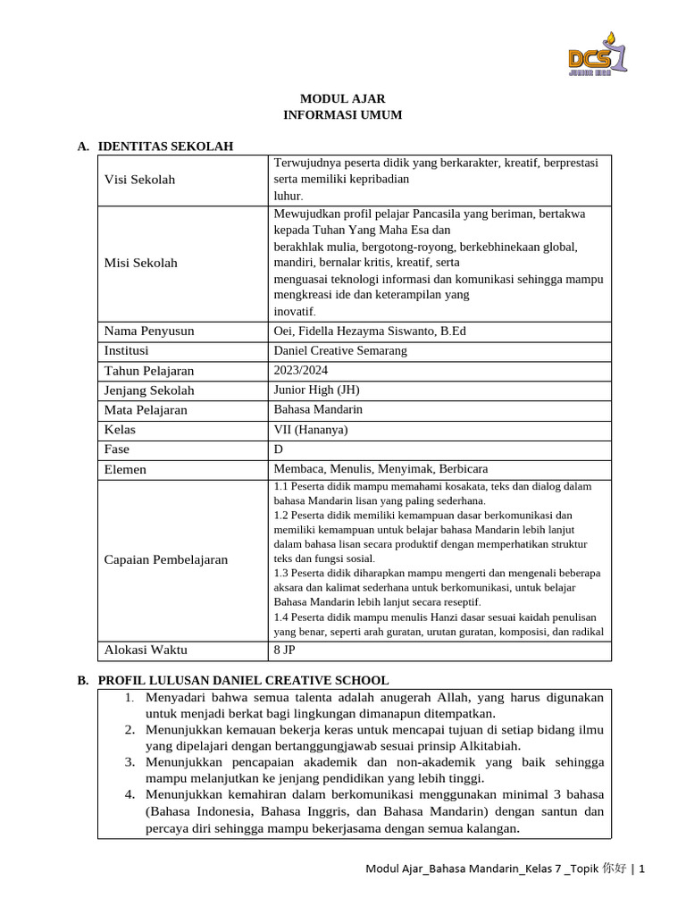 Modul Ajar - Bahasa Mandarin - Kelas 7 - Bab 1 你好 - Gasal | PDF