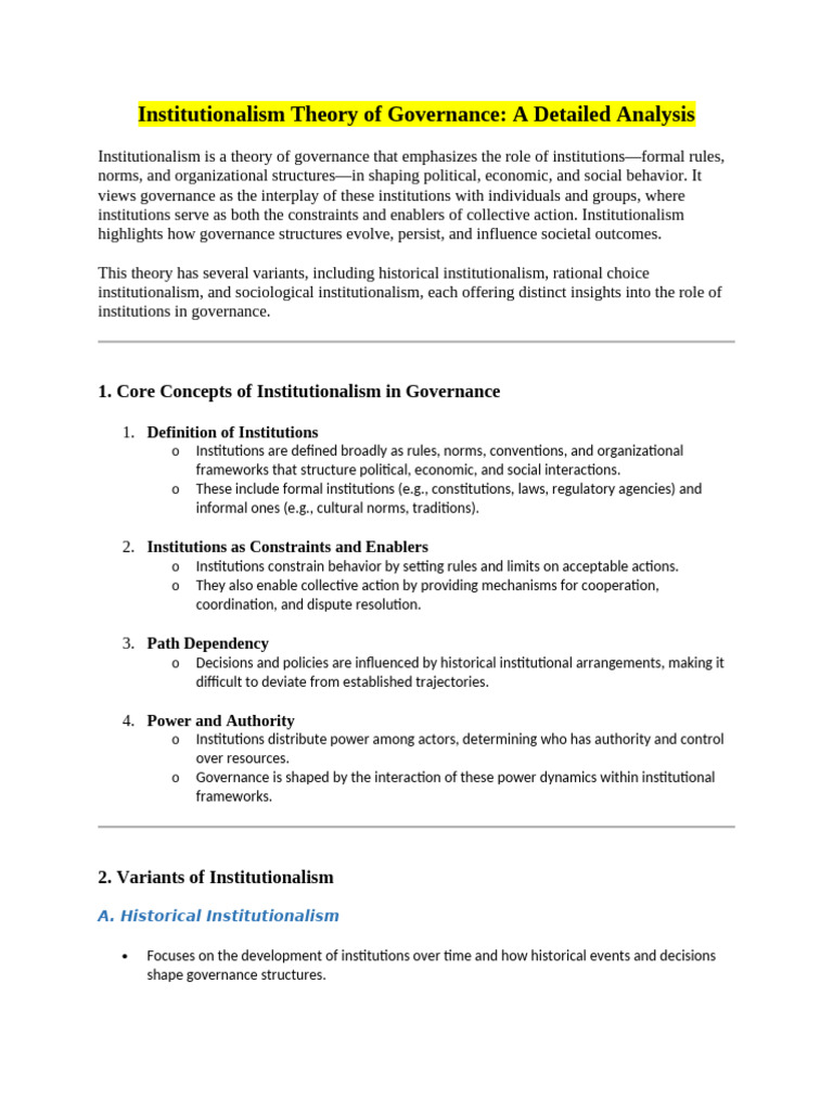 Institutionalism Theory in Governance | PDF | Institution | Governance