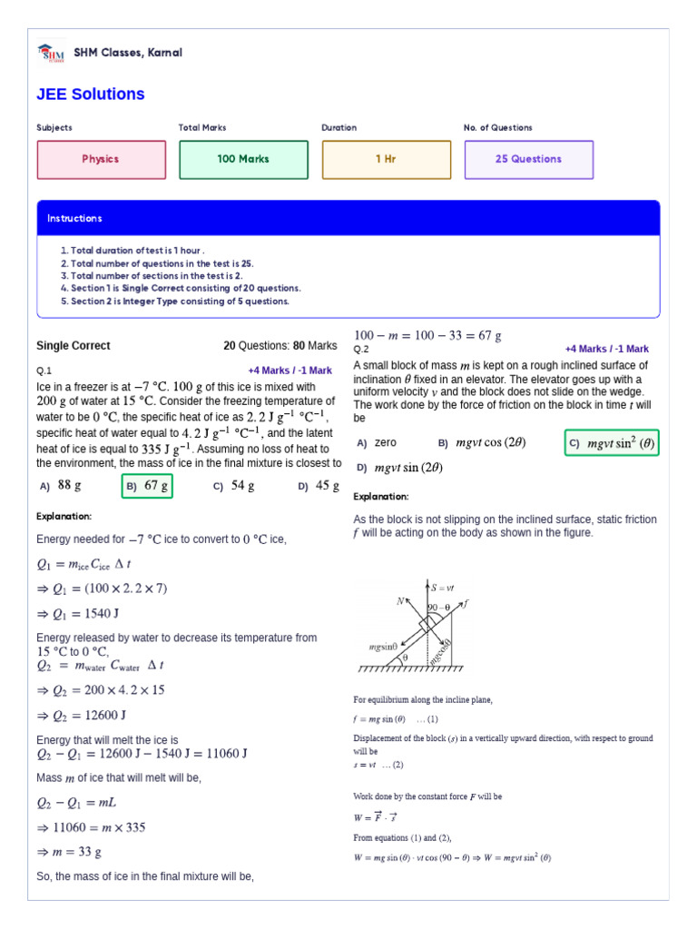 11th Jee p t 5-1-25 Sol | PDF | Density | Force