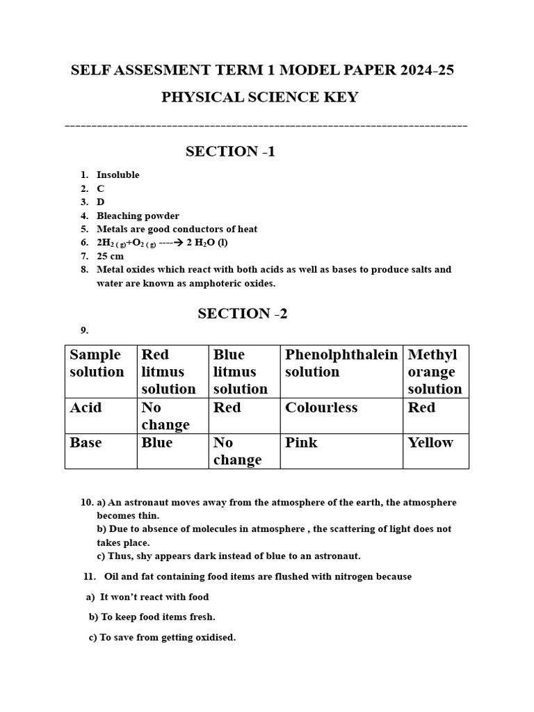10th Class Physical Science SA1 Key Paper | PDF | Refraction | Corrosion