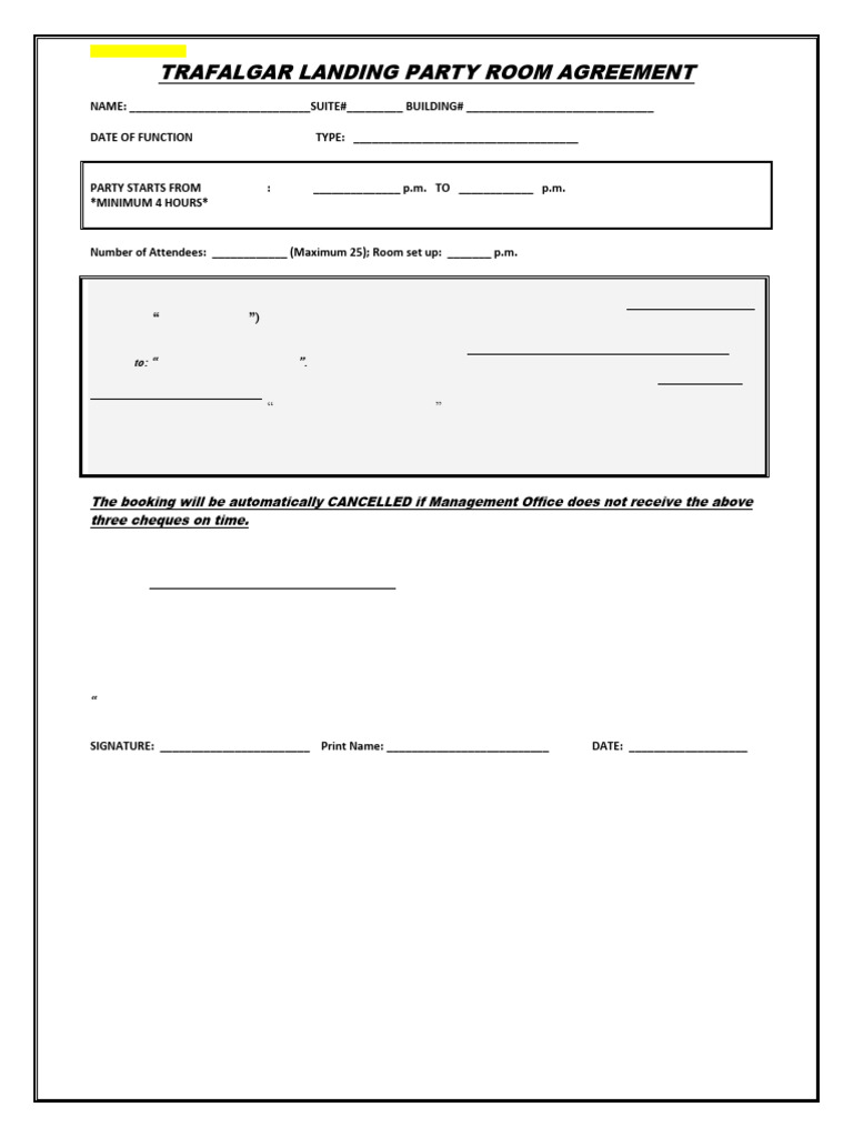 Party Room Agreement Form 2023 | PDF | Indemnity | Cheque