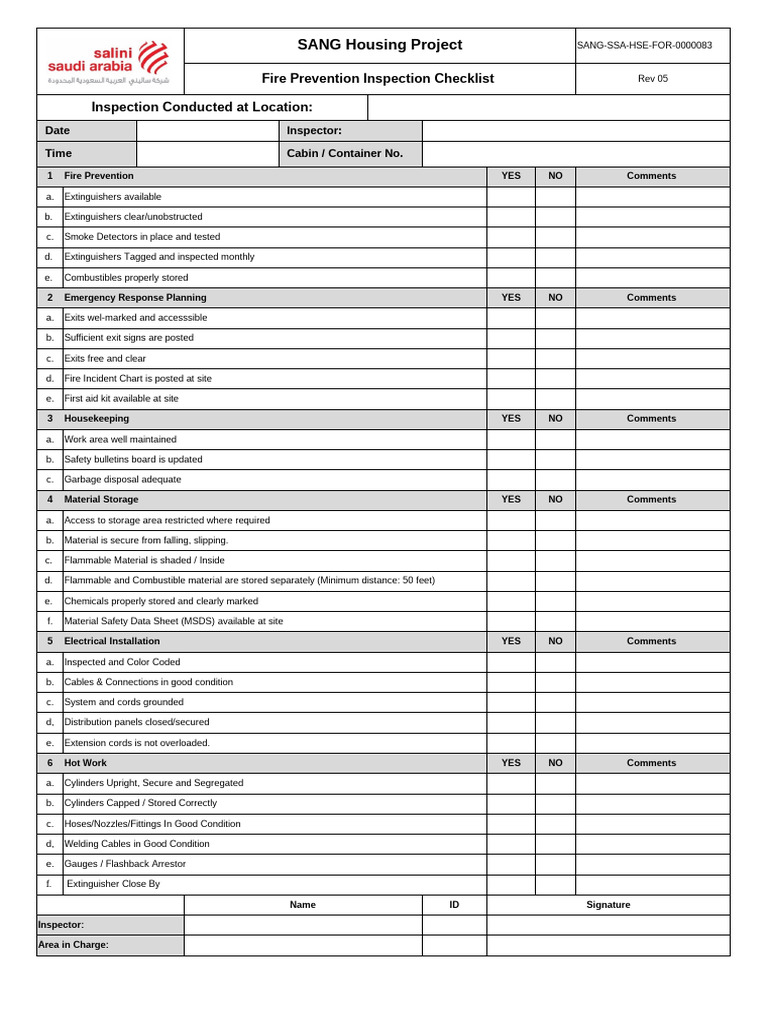 SANG-SSA-HSE-FOR-000083 Rev 05 - Fire Prevention Inspection Checklist ...