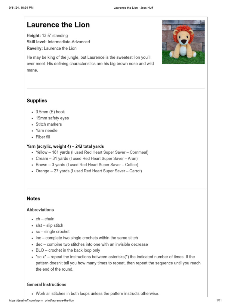 Laurence the Lion - Jess Huff | PDF | Crochet | Surgical Suture