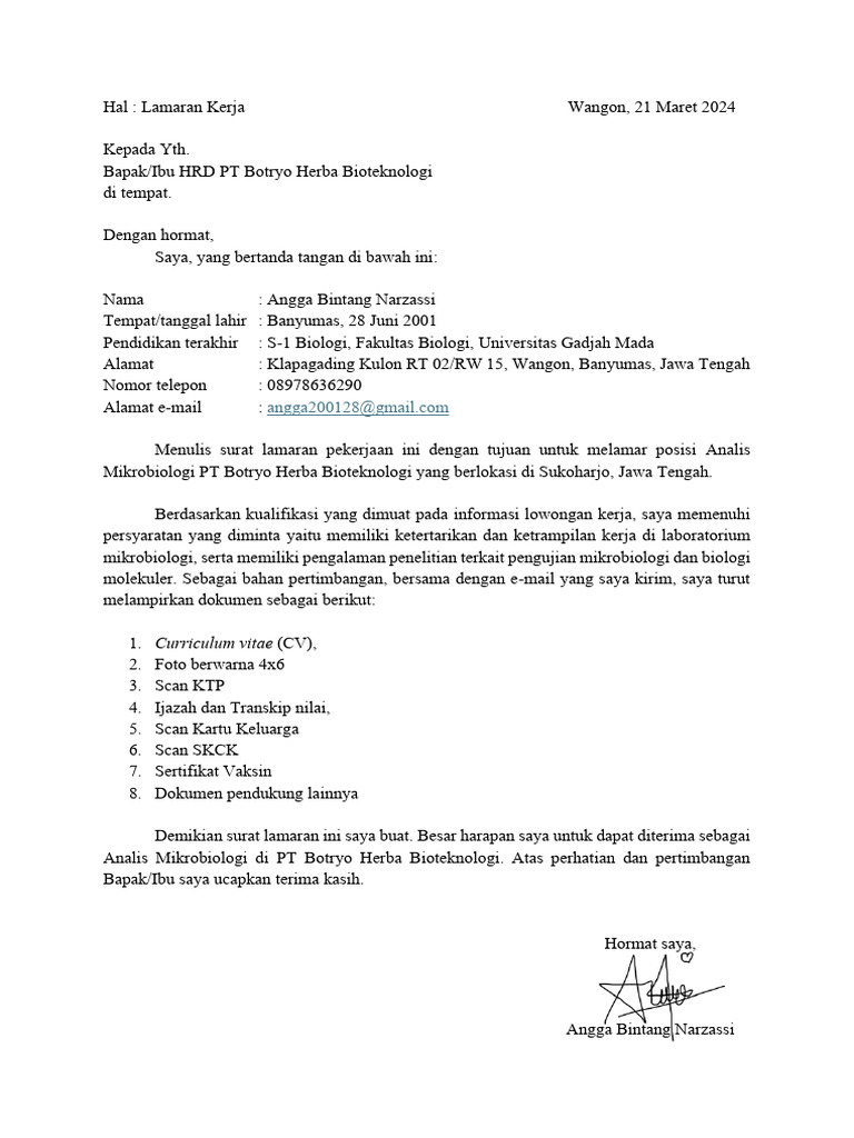 Surat Lamaran PT Botryo | PDF