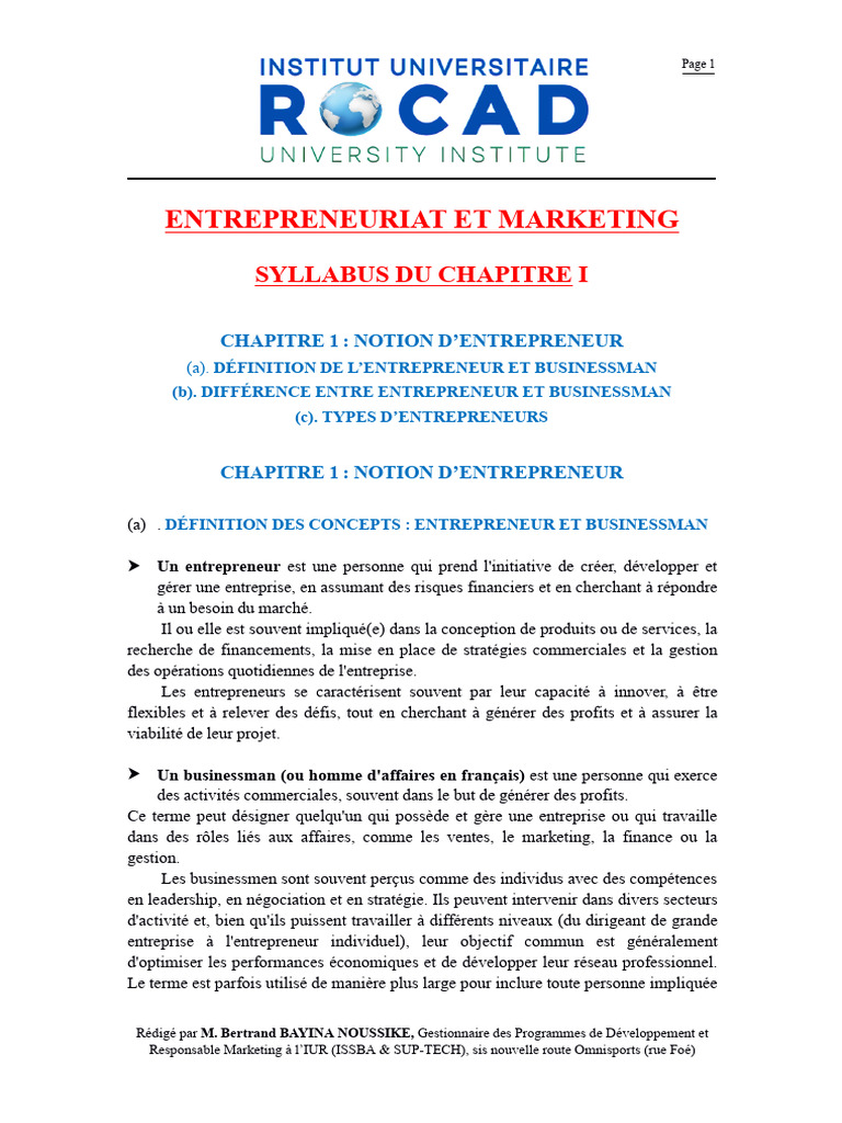 Entrepreneuriat Et Marketing - Chapitre 1 Et 2 | PDF | Entrepreneuriat ...