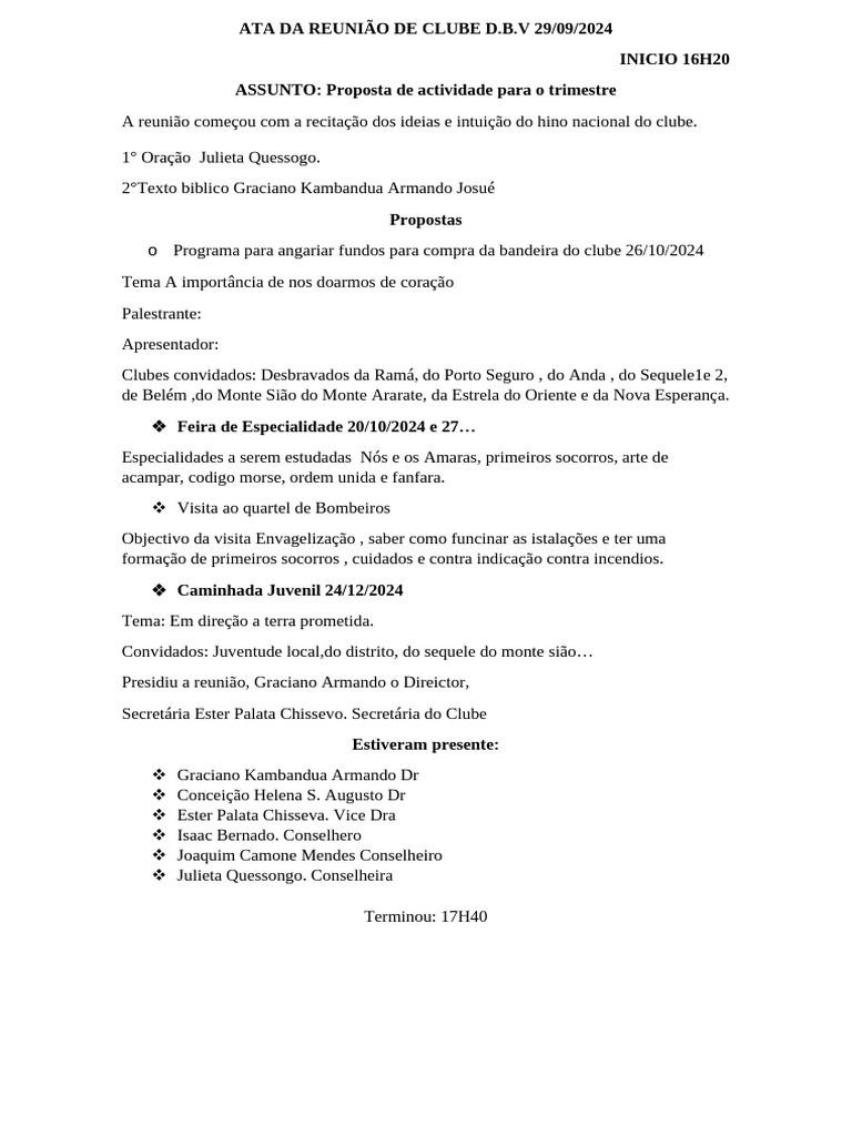 ATA DA REUNIÃO DE CLUBE Dbv | PDF