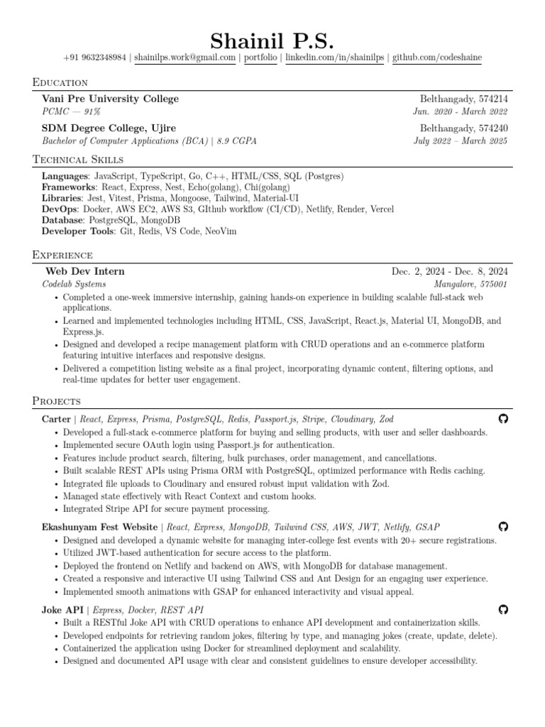 Shainil PS Resume | PDF | Postgre Sql | Web Development