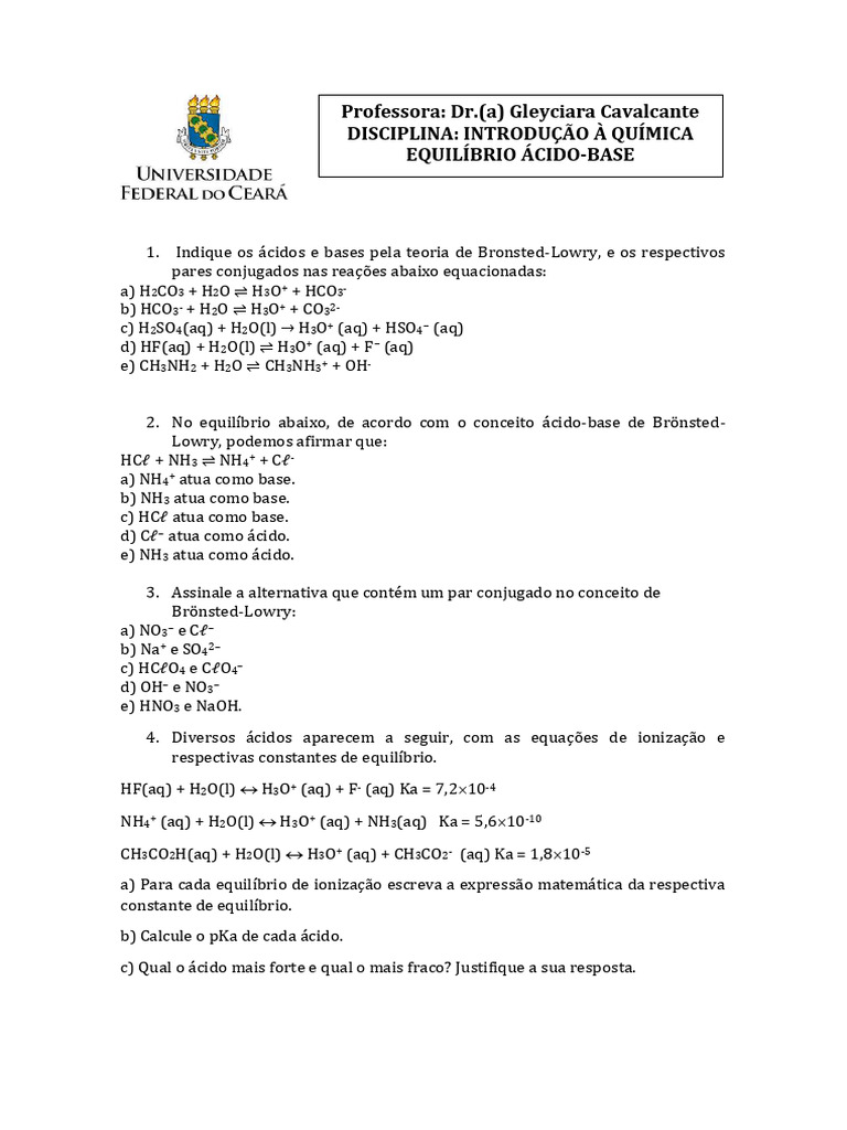 Lista de Exercícios - Equilíbrio Ácido-Base | PDF | Ácido | Ph
