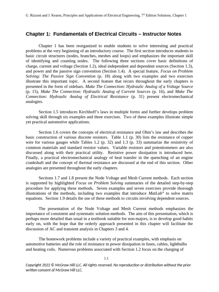 Rizzoni Principles 7e Ch01 ISM | PDF | Voltage | Electrical Network
