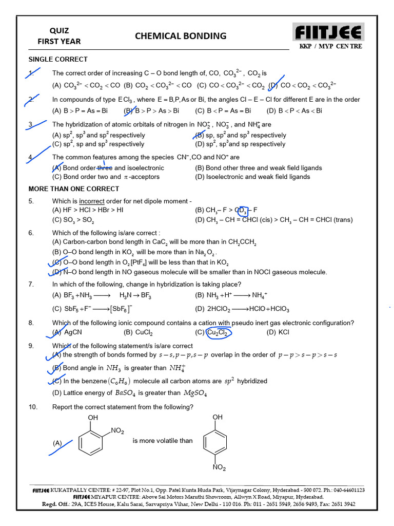 First Year Chemical Bonding Quiz | PDF | Chemical Bond | Chemical Polarity