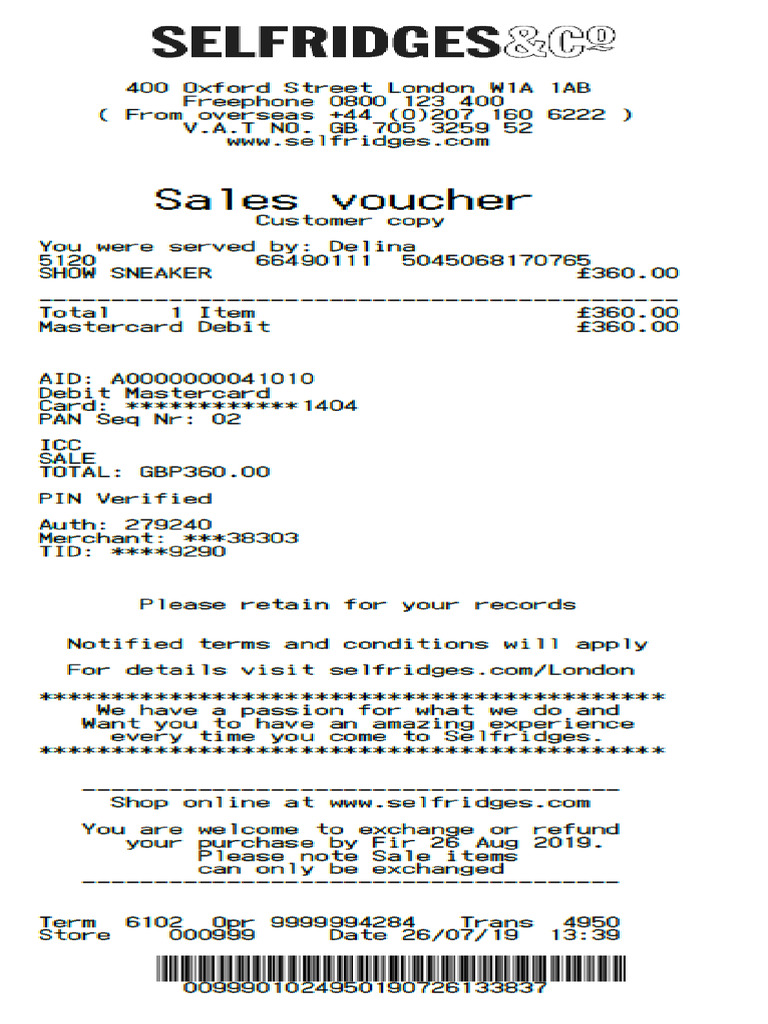 Selfridges Receipt | PDF