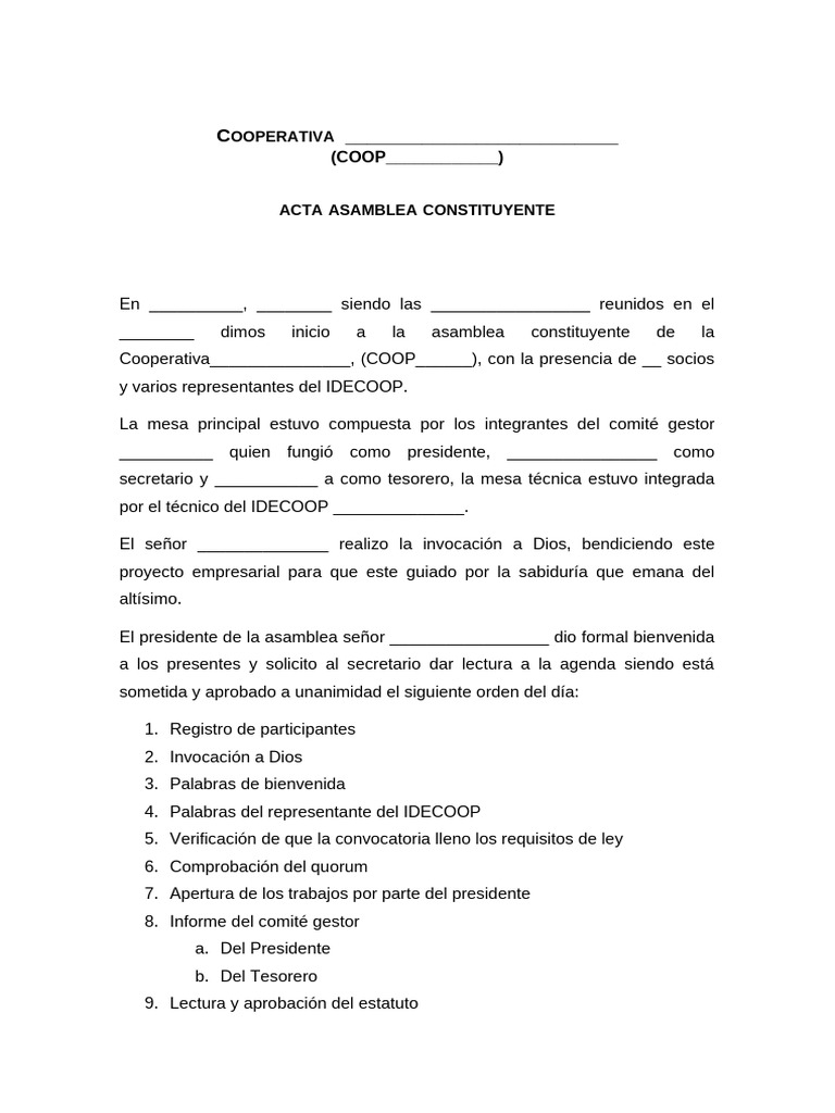 Acta Asamblea Constituyente Cooperativa | PDF | Gobierno