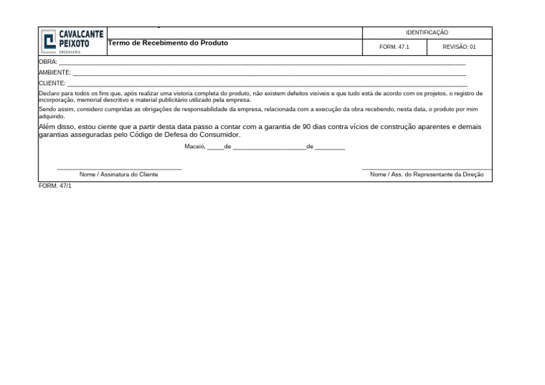 Form. 47.1 Termo de Recebimento Do Produto - REV01 | PDF