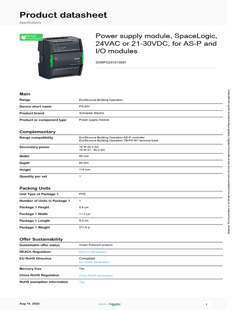 3.SpaceLogic AS-P Automation Server_Power_Supply_SXWPS24VX10001 | PDF