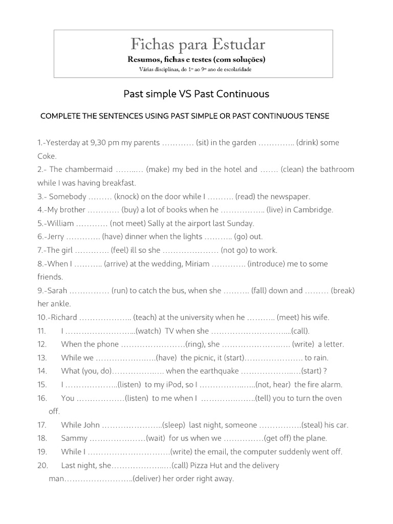 Ficha Ingles 8 Ano Past Simple Vs Past Continuous | PDF