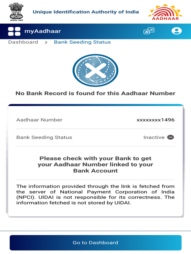 Httpsmyaadhaar - Uidai.gov - Inbank Seeding Status | PDF