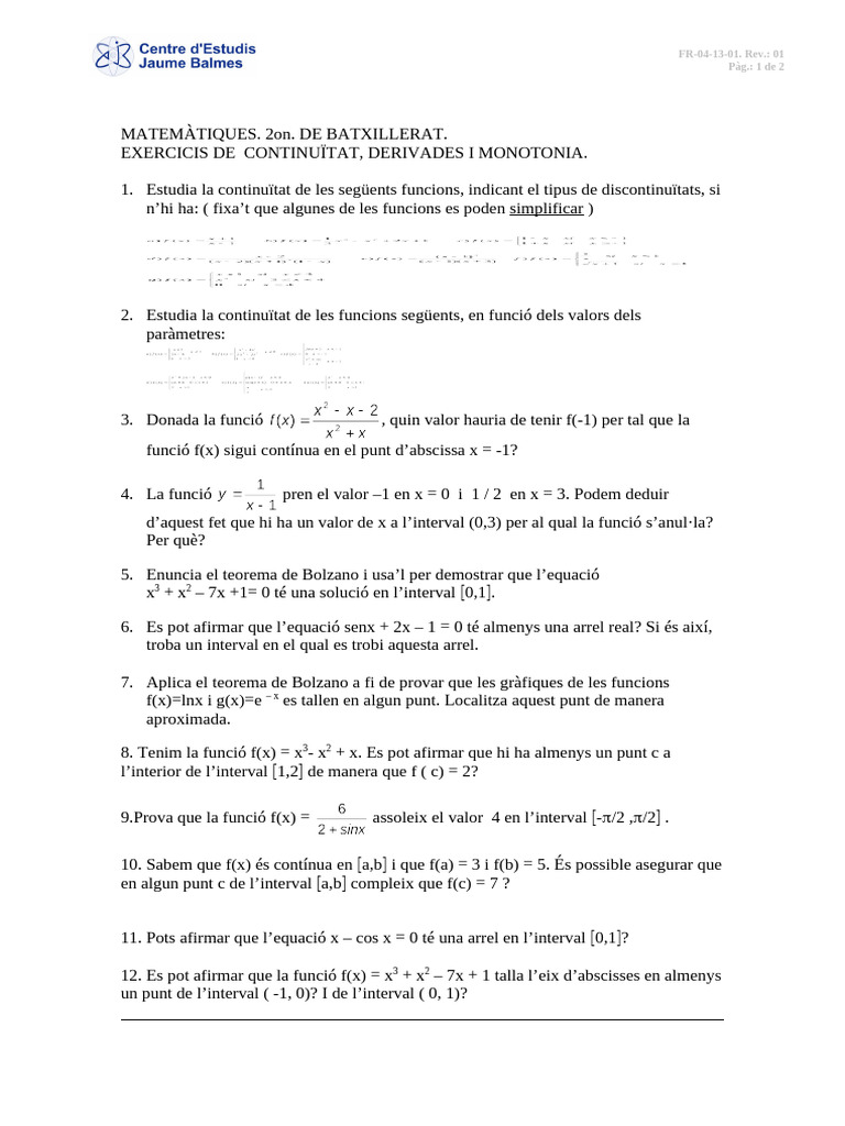 Exercicis 2bat Mat Continuitat Derivades Monotonia | PDF